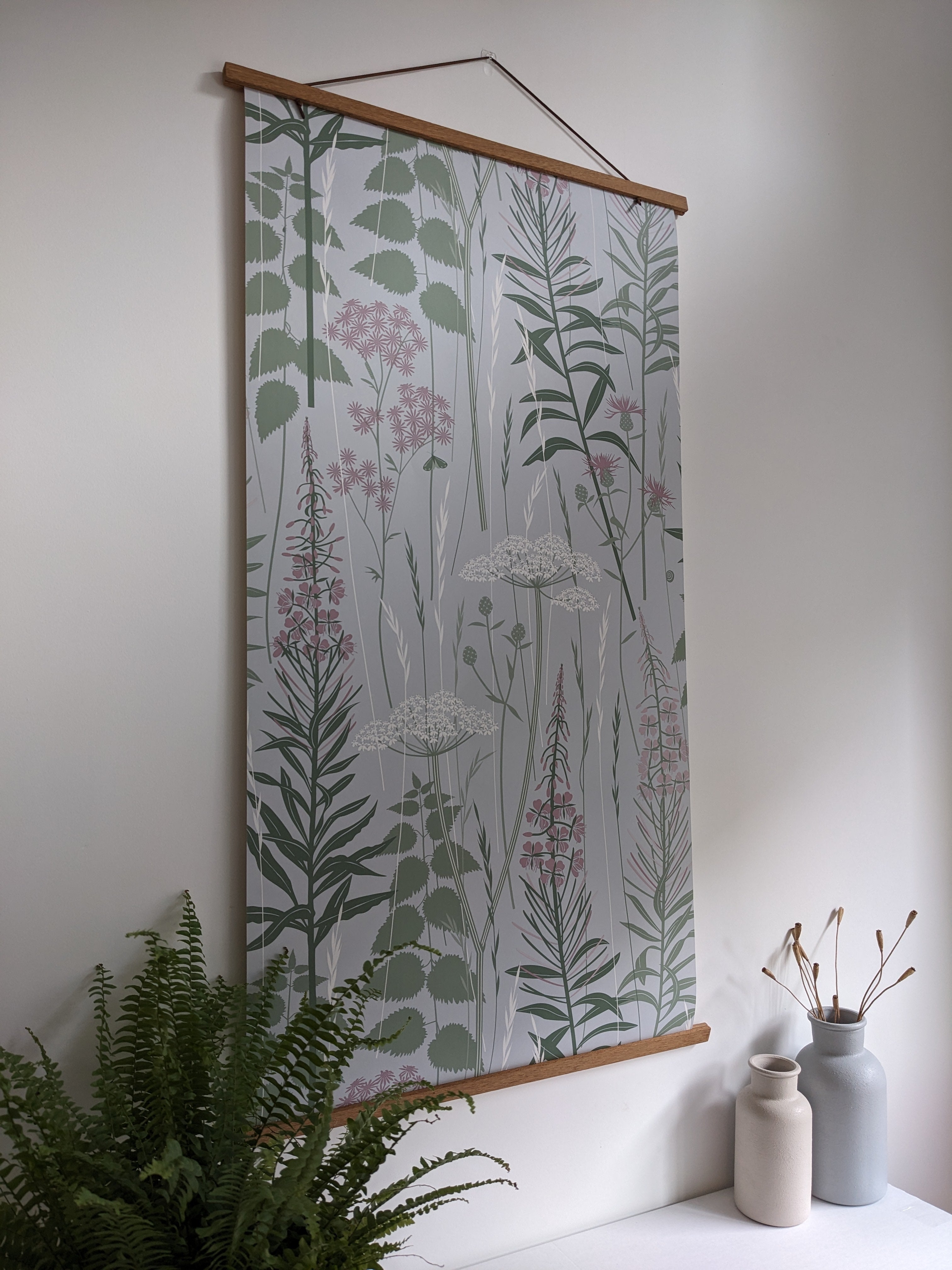 Wild Edge - green and pink weed and wild flower wallpaper – Hannah Nunn